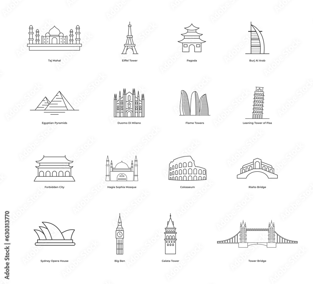 Set of icons on the theme of travel and vacation. World landmarks ...