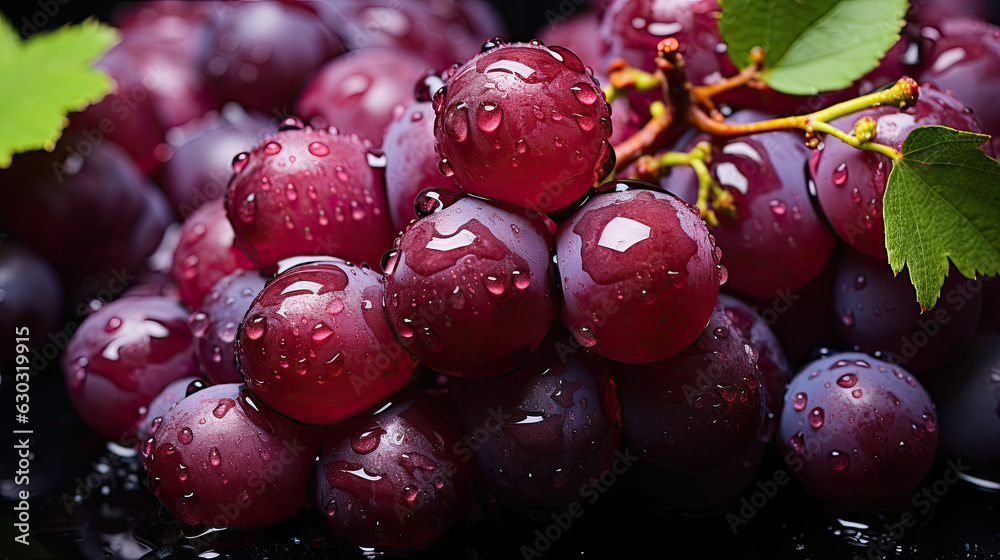 Grapes background, adorned with glistening raindrops of water. top down ...