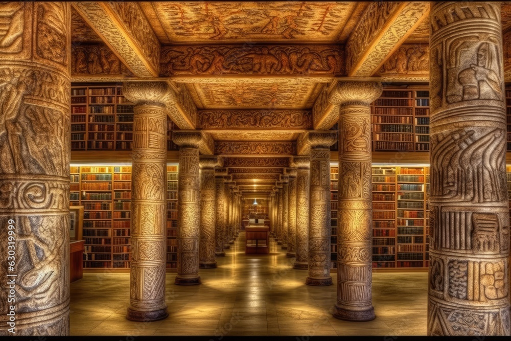 Unique library with scrolls inscribed in the futhark script. Generative ...