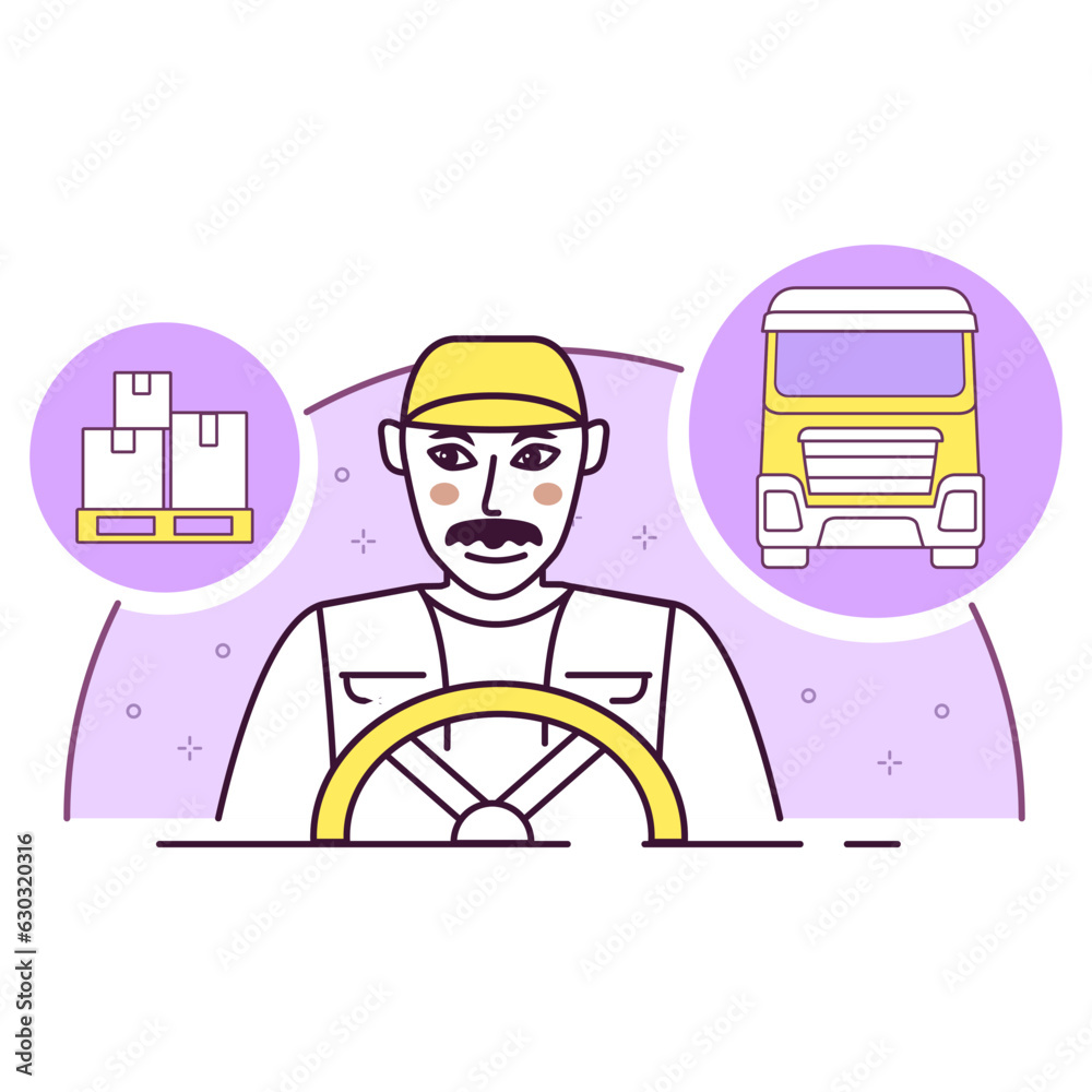 Driver with lorry icon. Delivering services transportation and trucking ...