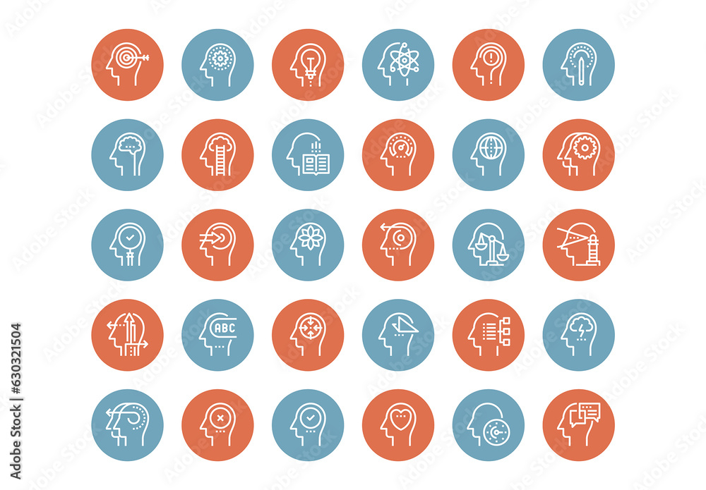 Vector set of thinking and brain process flat line web icons. Each icon ...