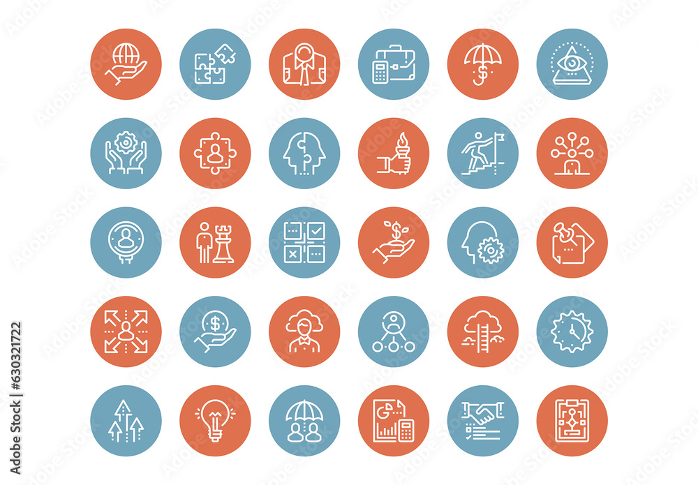Vector set of business management flat line web icons. Each icon with ... Vector set of business management flat line web icons. Each icon with ...