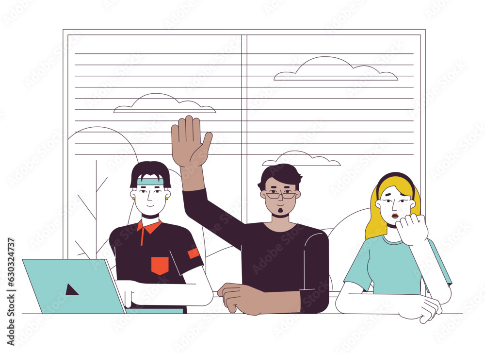 Diverse college students in classroom flat line vector spot ...
