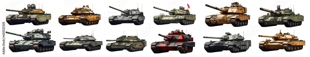 Set of drawn icons of modern battle tanks. Isolated on transparent ...