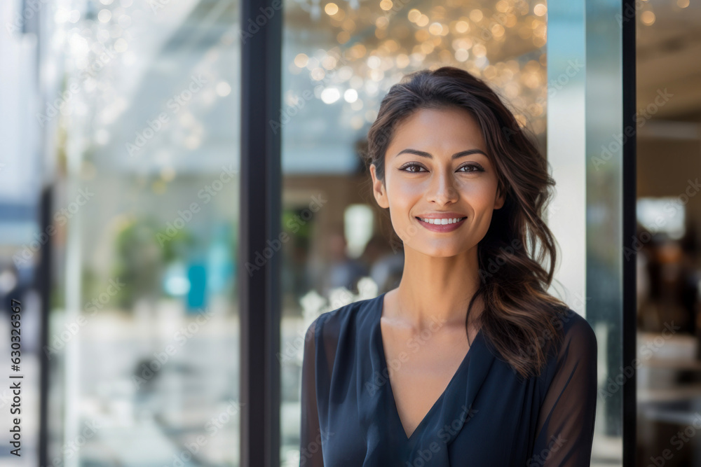 Smiling 35 year old woman posing outside a luxury store. Stock Photo ...