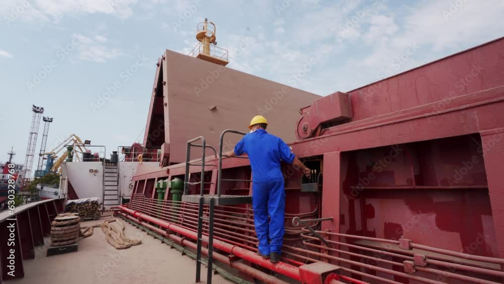 Seafarer opening cargo holds on bulker ship at grain terminal in sea ...