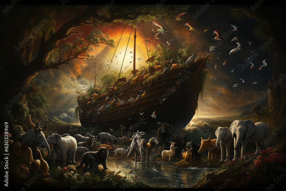 Noah's Ark, showcasing the animals and the rainbow as a symbol of God's ...