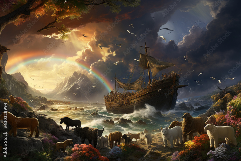 Noah's Ark, showcasing the animals and the rainbow as a symbol of God's ...