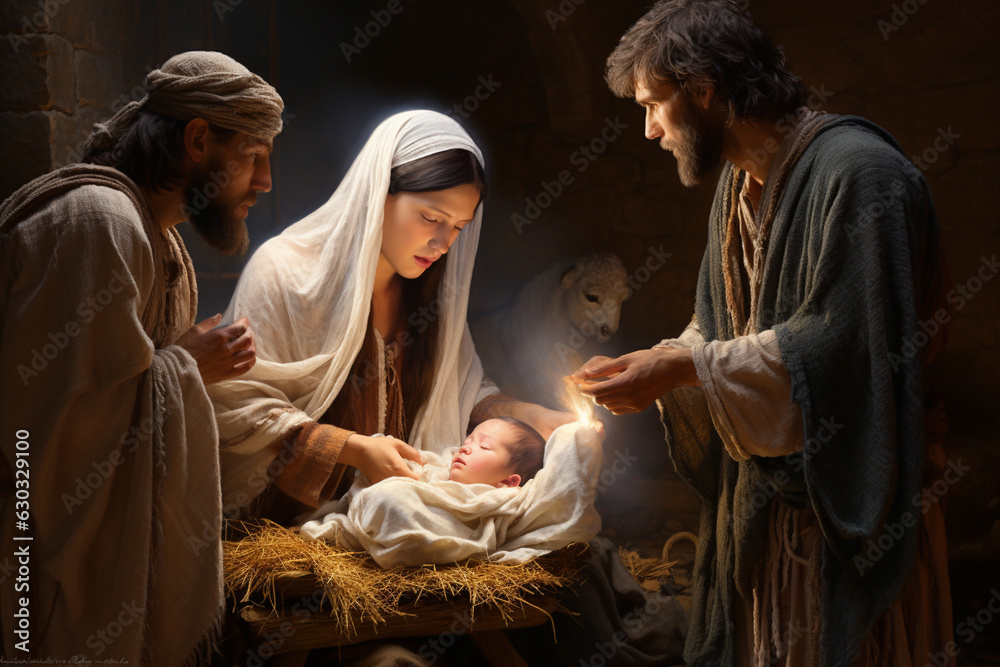 the birth of Jesus in a humble stable with Mary, Joseph, and the ...