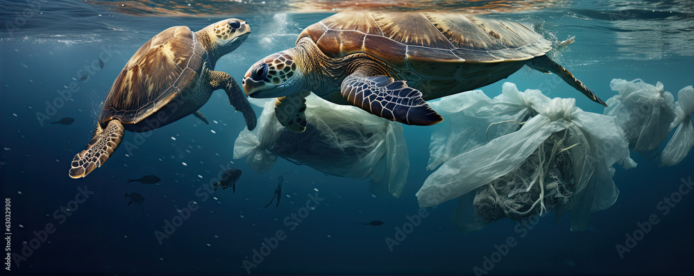 Plastic pollution in ocean with turles. Turtle eat a plastic waste ...