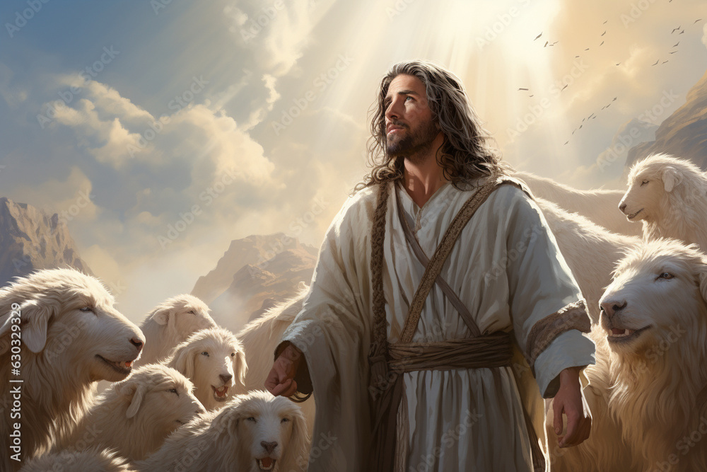 Jesus amidst a flock of sheep, guiding and leading them, illustrating ...