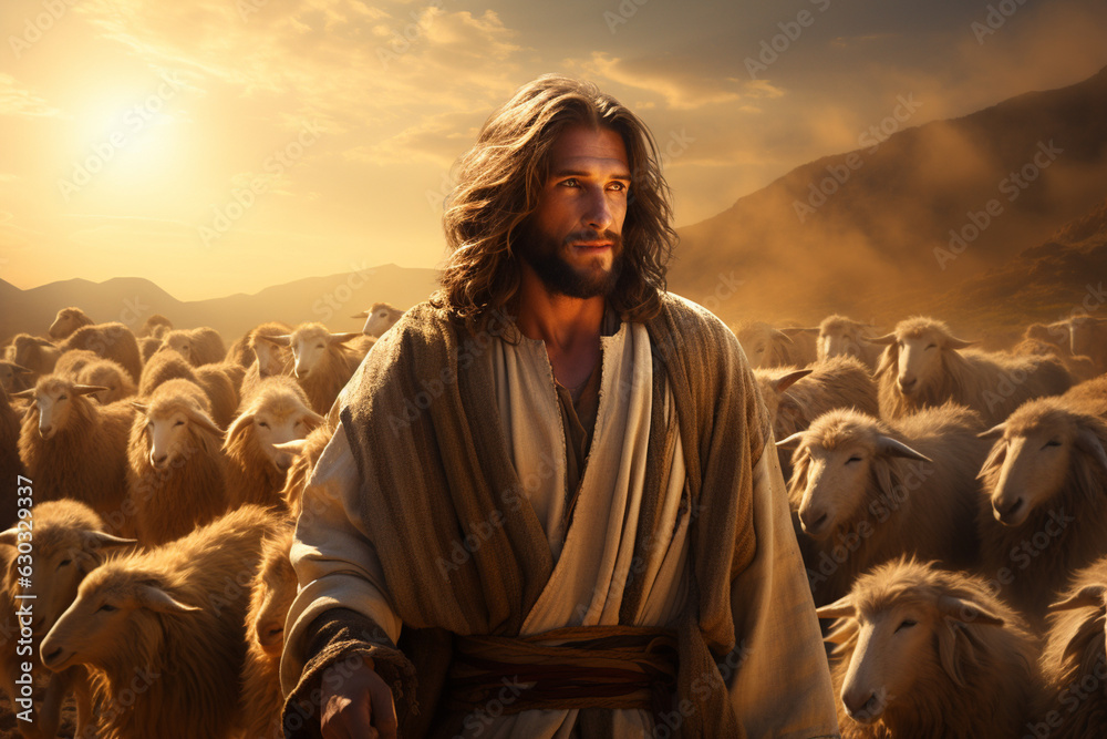 Jesus amidst a flock of sheep, guiding and leading them, illustrating ...