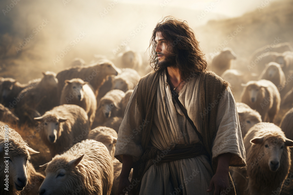 Jesus amidst a flock of sheep, guiding and leading them, illustrating ...