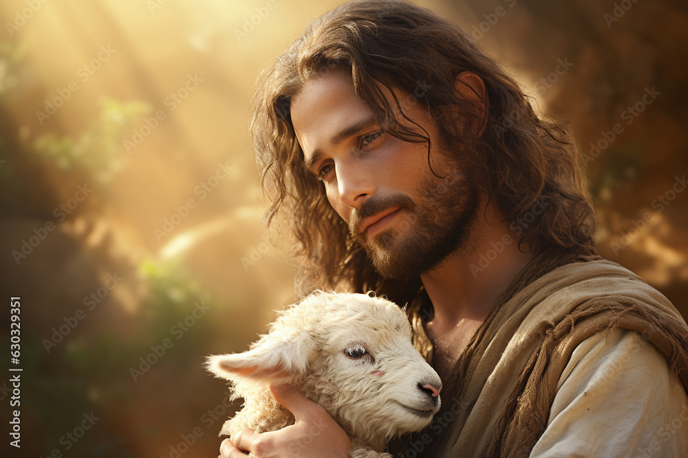 Jesus tenderly carrying a lamb in His arms, symbolizing His role as the ...