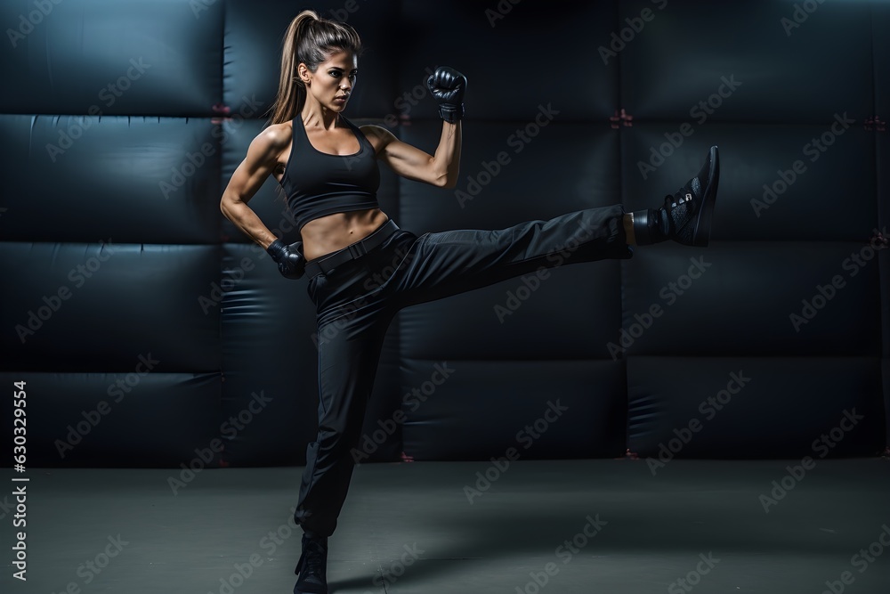 Grace in Power: An athletic woman executing a high kick during Krav Maga training, fusing grace ...