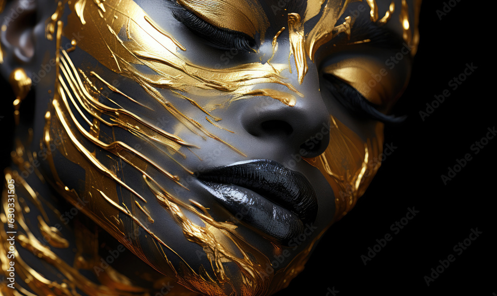 Beauty woman painted in gold skin color body, gold makeup, lips ...