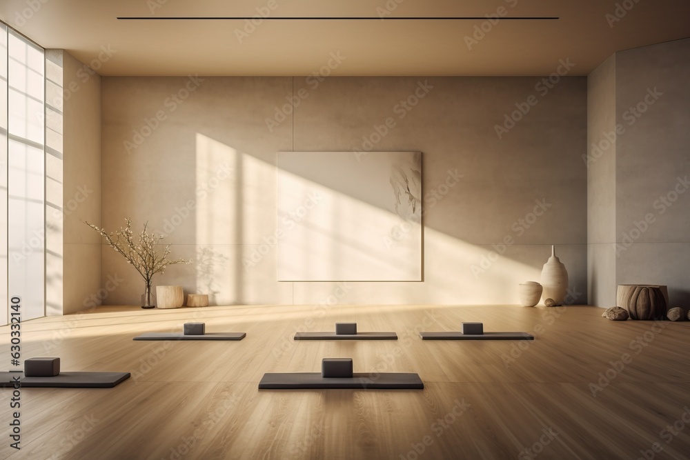 Minimalist modern yoga studio classroom showcasing tidy neatly arranged ...
