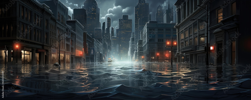 Extreme rainfall concept. Flood with high water disaster in city ...