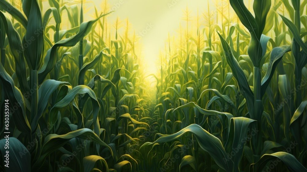 A field of tall corn stalks stretches as far as the eye can see, with ...