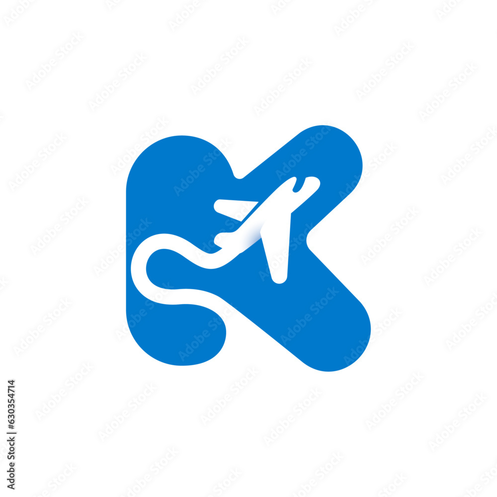 Letter K logo with airplane trail. Negative space style icon. Plane ...