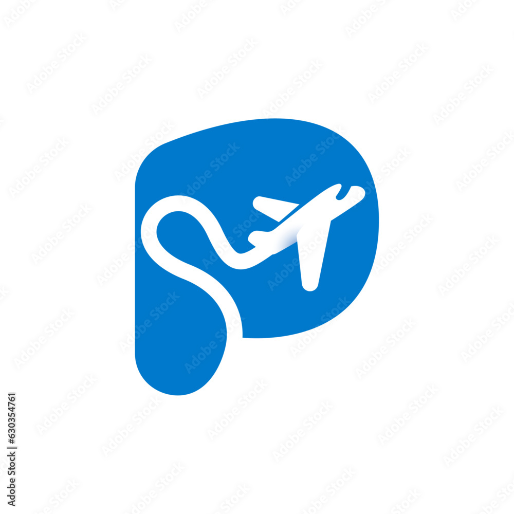 Letter P logo with airplane trail. Negative space style icon. Plane ...