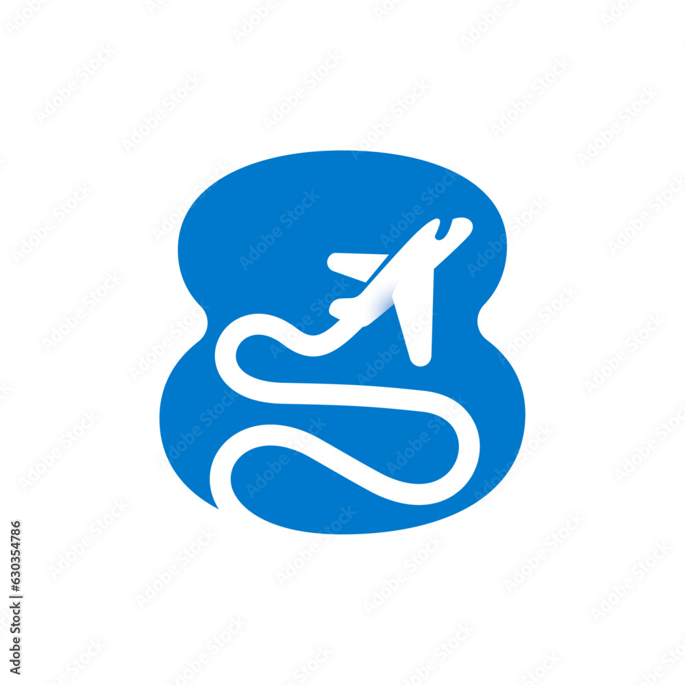 8 logo. Number eight with airplane trail. Negative space style icon ...