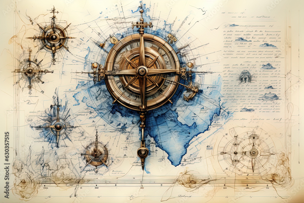 Nautcal compass and rudder blueprint sketch drawing. Exploration and ...