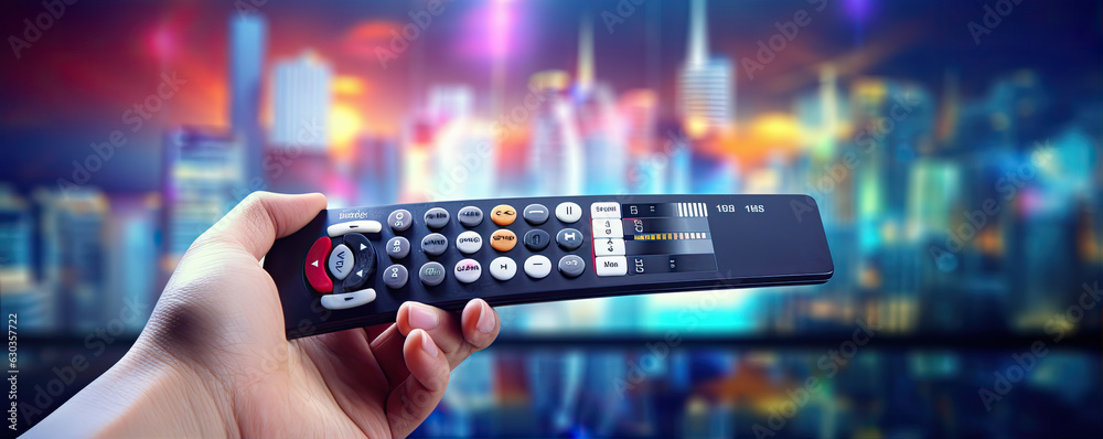 Remote control in hand in tv channels background. vivid colors. Stock ...