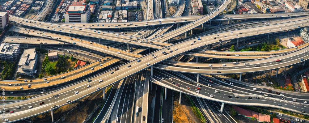 Aerial view of road in big city. Roads bound interchange from top view ...