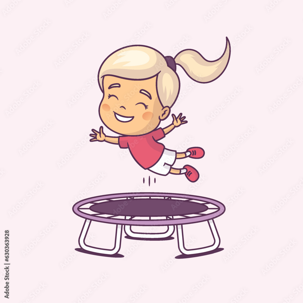 Poster Happy young girl bouncing on a trampoline vector cartoon ...
