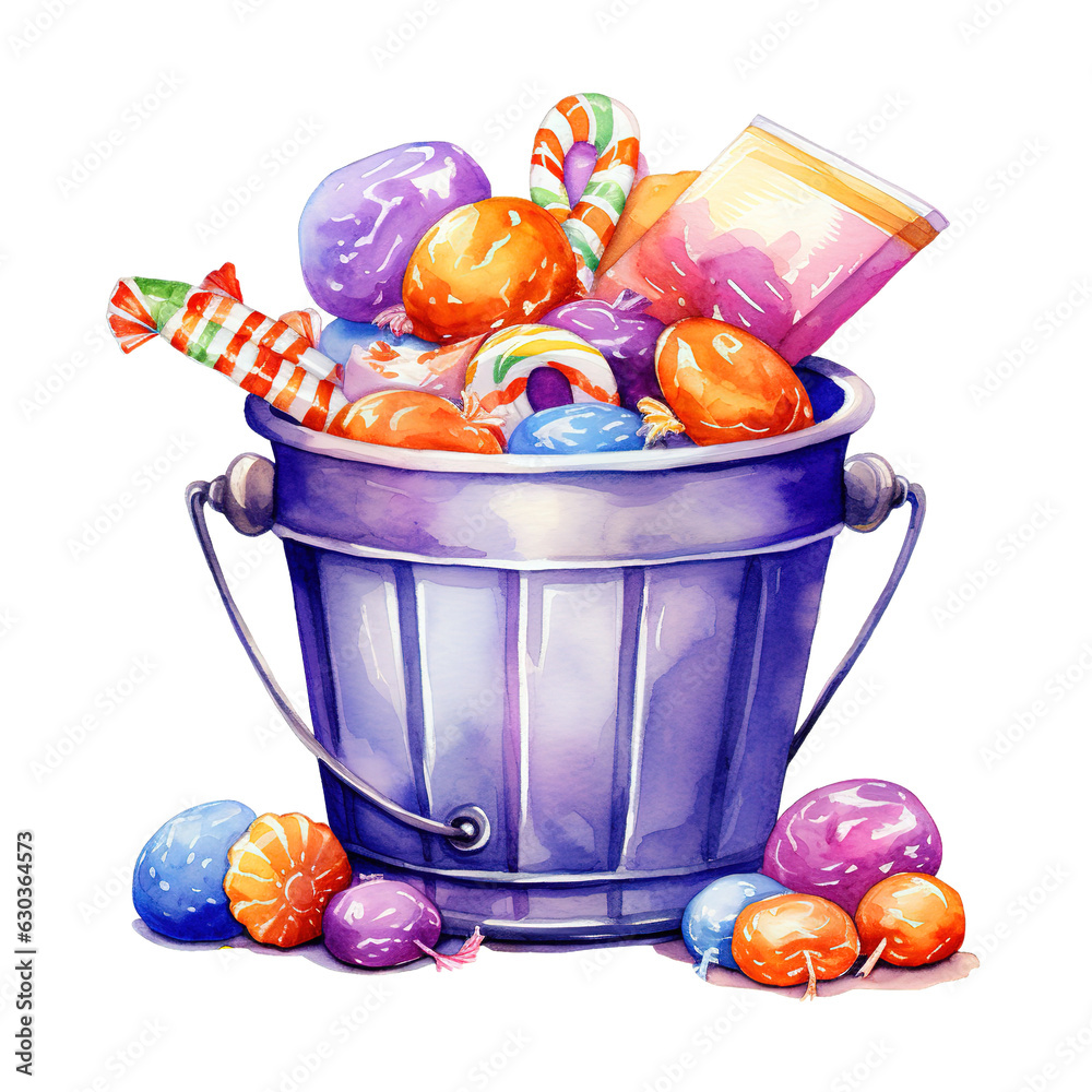 Bucket of Halloween Candy Watercolor Clipart on Transparent Background ...