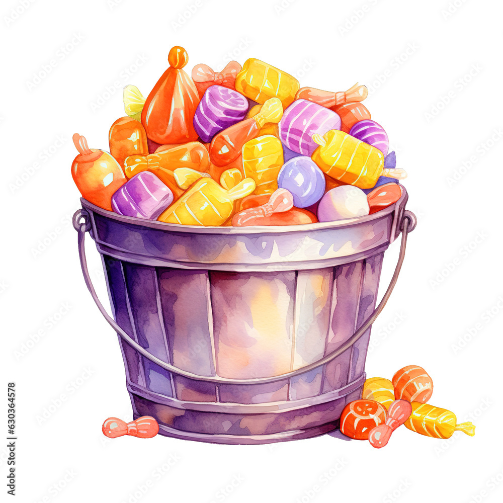 Bucket of Halloween Candy Watercolor Clipart on Transparent Background ...