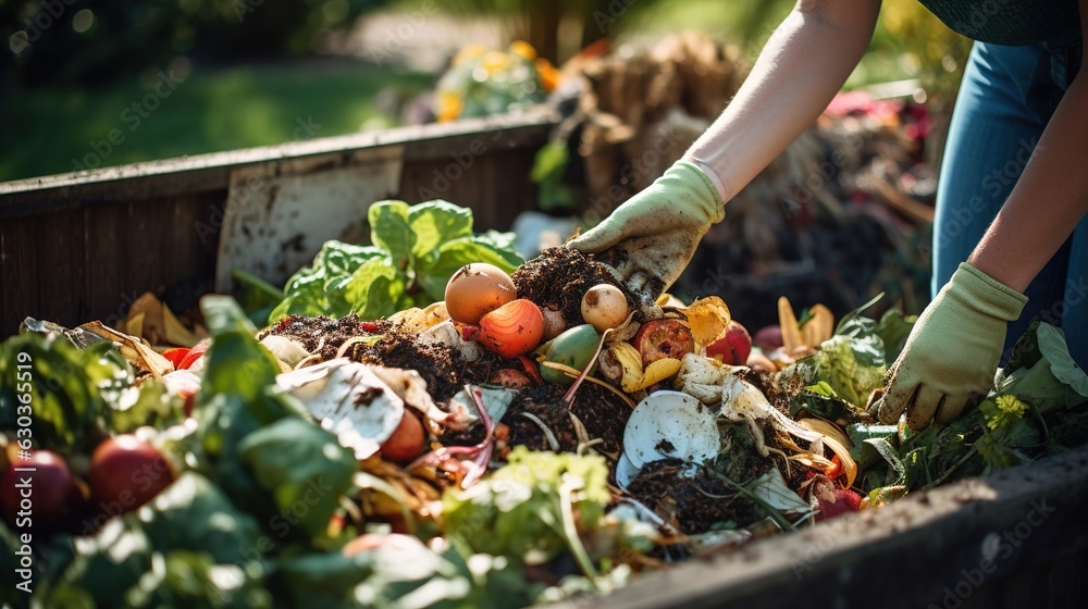 Person composting food waste in backyard compost bin garden Stock Photo ...