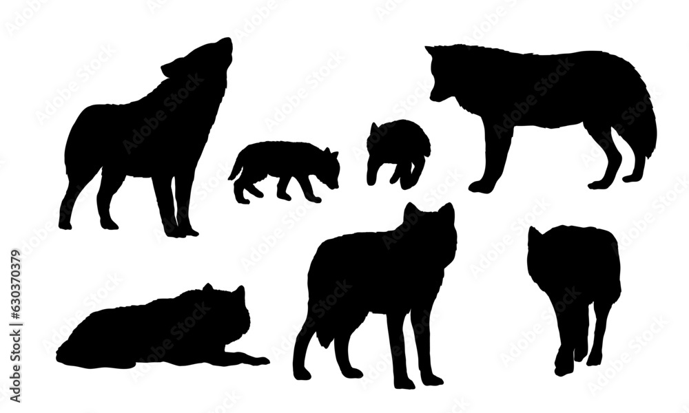 Set of wolves silhouettes. Males, females and puppies of an wolf ...