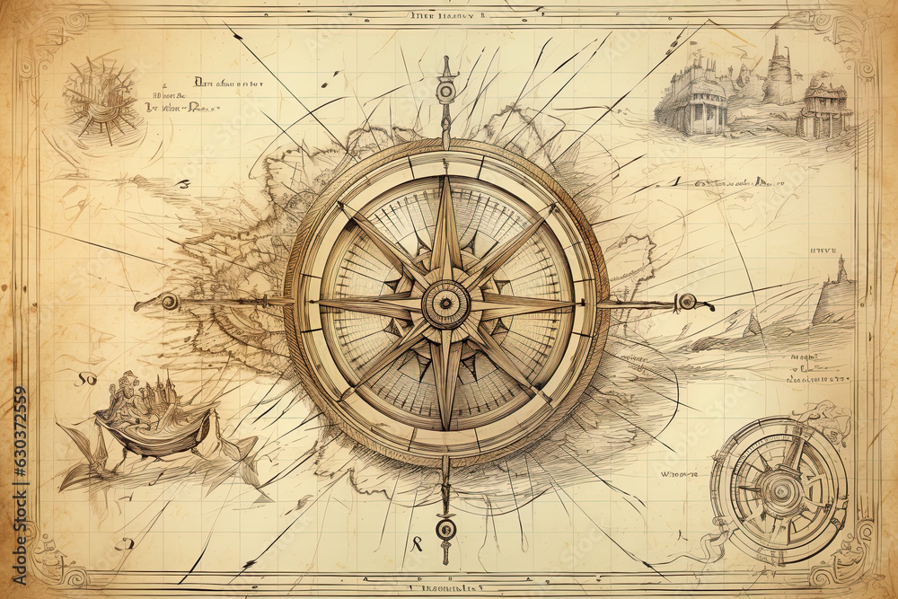 Nautcal compass and vintage map sketch drawing. Exploration and sailing ...