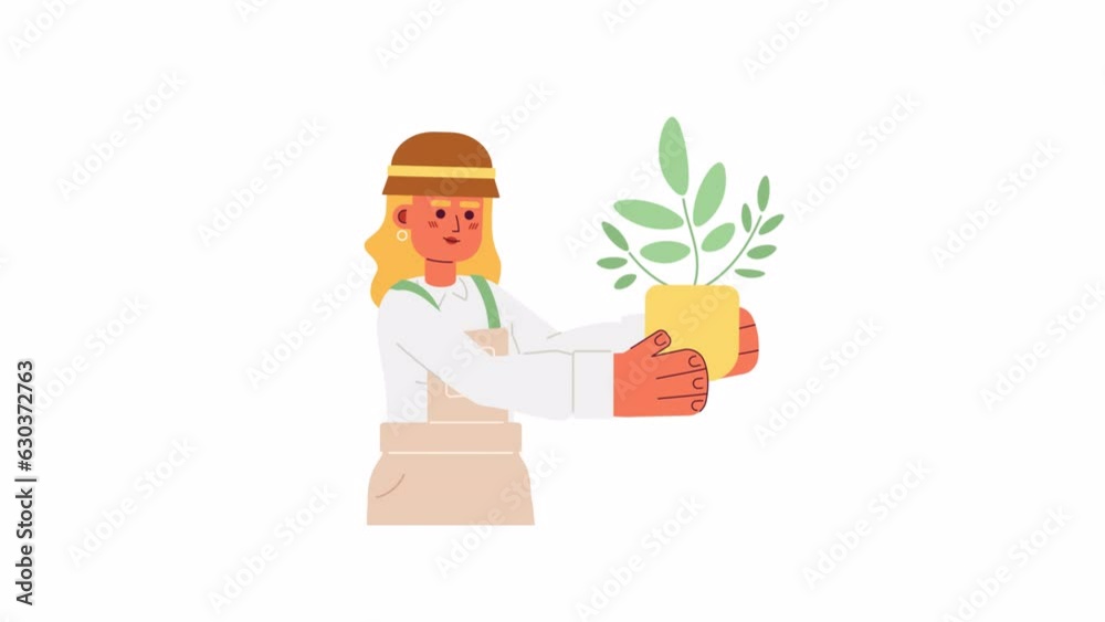 Gardener woman holding plant 2D character animation. Hobby garden flat ...