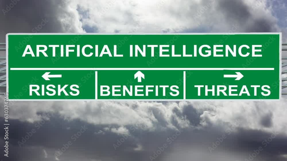 AI artificial intelligence risks, threats and benefits road sign with a ...
