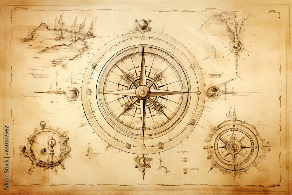 Ilustrace „Nautcal compass and vintage map sketch drawing. Exploration ...