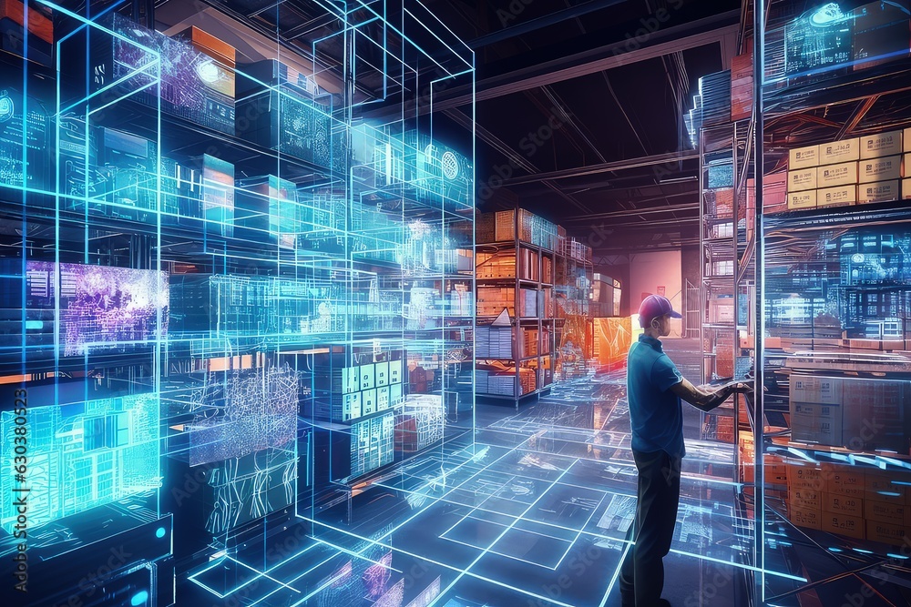 Warehouse with transporter robots and holographic dashboard ...