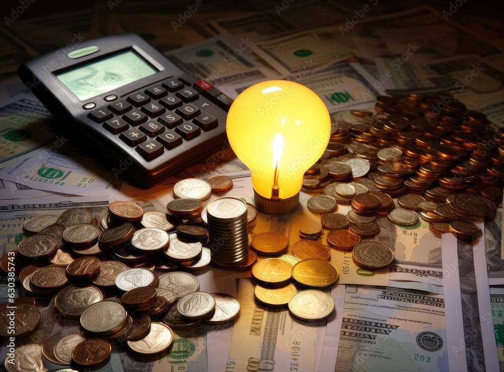 A light bulb, a pen, a calculator and some copper euro cent coins lie ...