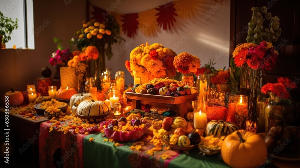 an colorful altar decorated with candles, marigold flowers, and ...