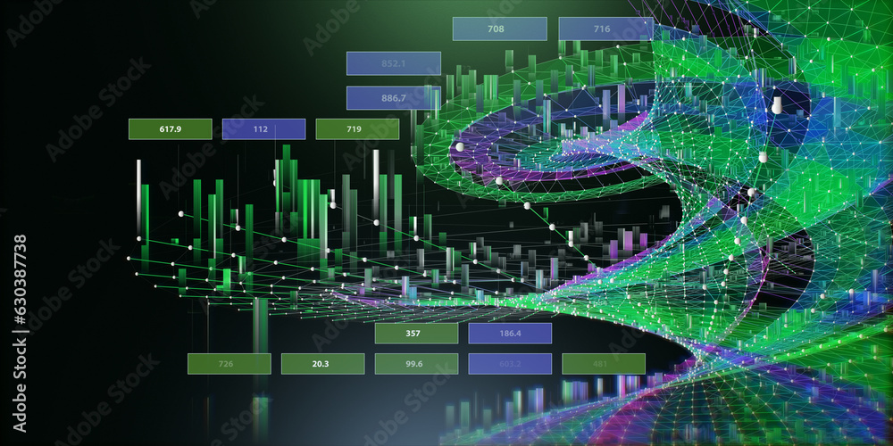Abstract background twisting wireframe grid and blurred data lines on ...