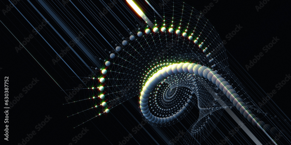 Abstract background twisting radial wireframe grid from spheres and ...
