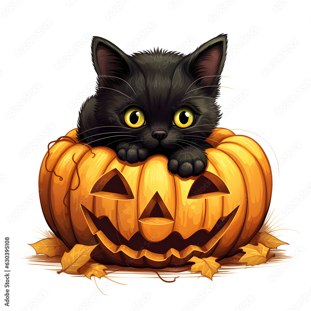 Cartoon clipart of black cat peeking out of a pumpkin, transparent ...