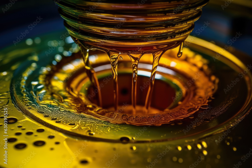 Close-up of hydraulic oil being pumped through a filter, revealing a ...