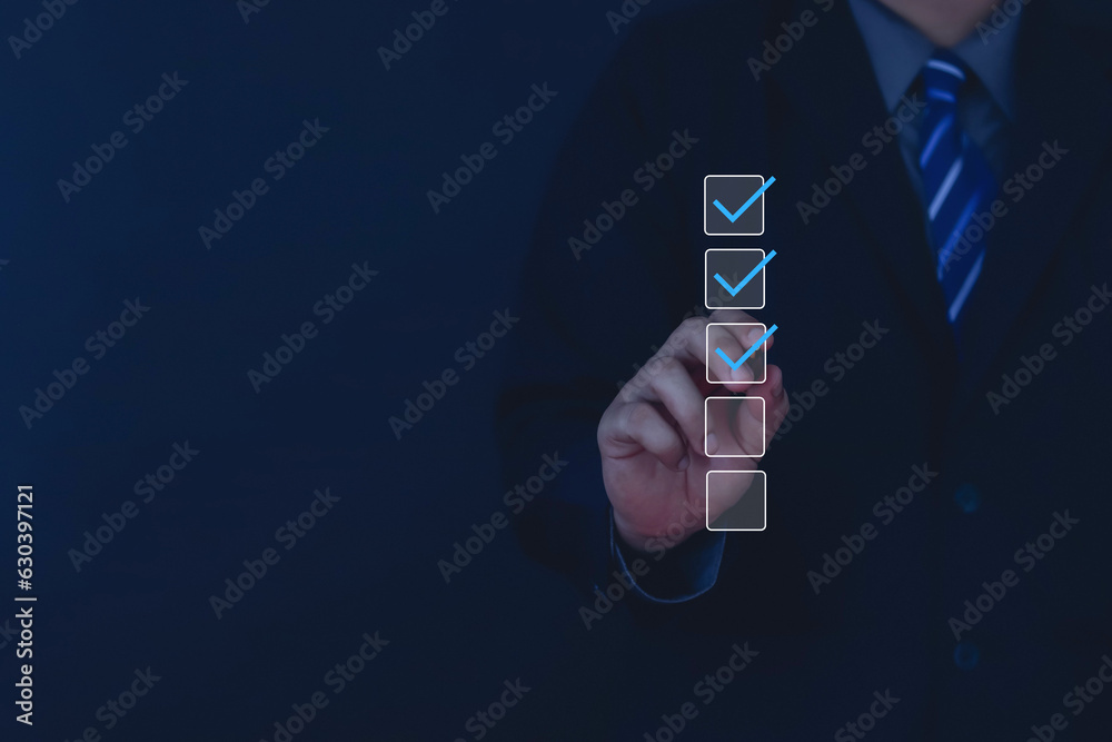 Businessman showing check marks summarizing work details, checklist ...
