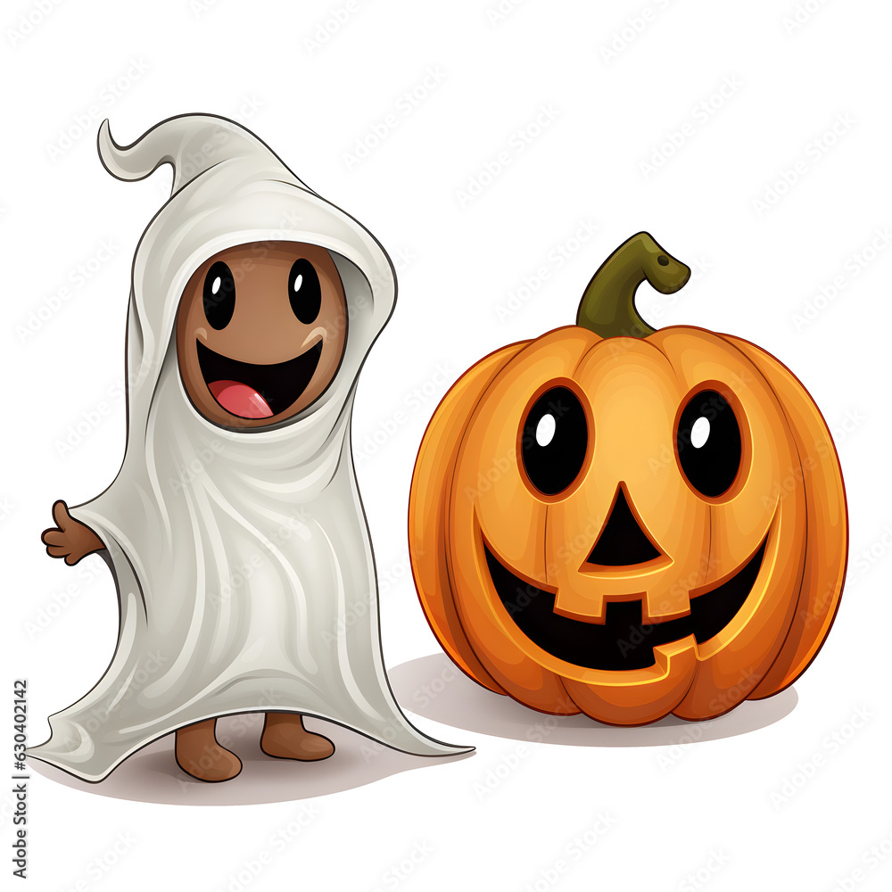 Cartoon clipart of friendly ghost with a pumpkin friend, transparent ...