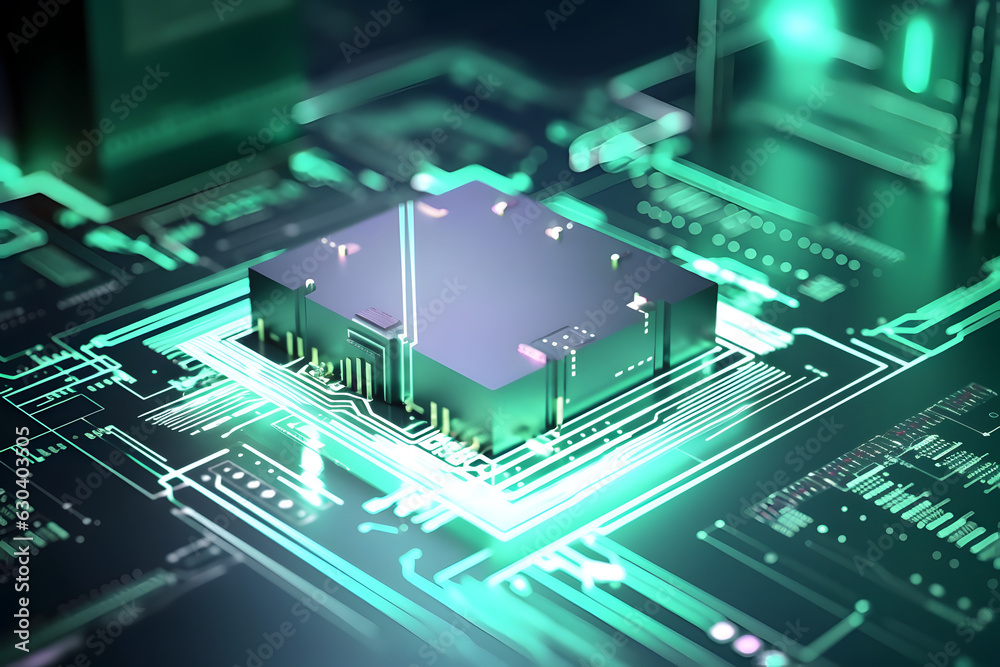 Data storage cube between neon pathways. Quantum computing, database, cloud computing concept ...