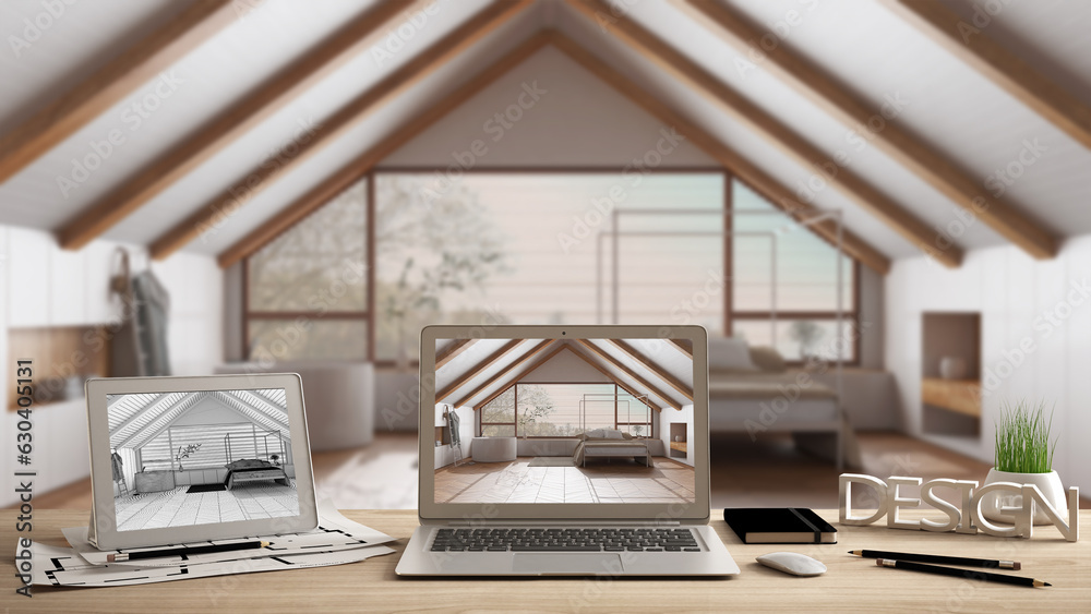 Architect designer desktop concept, laptop and tablet on wooden desk ...