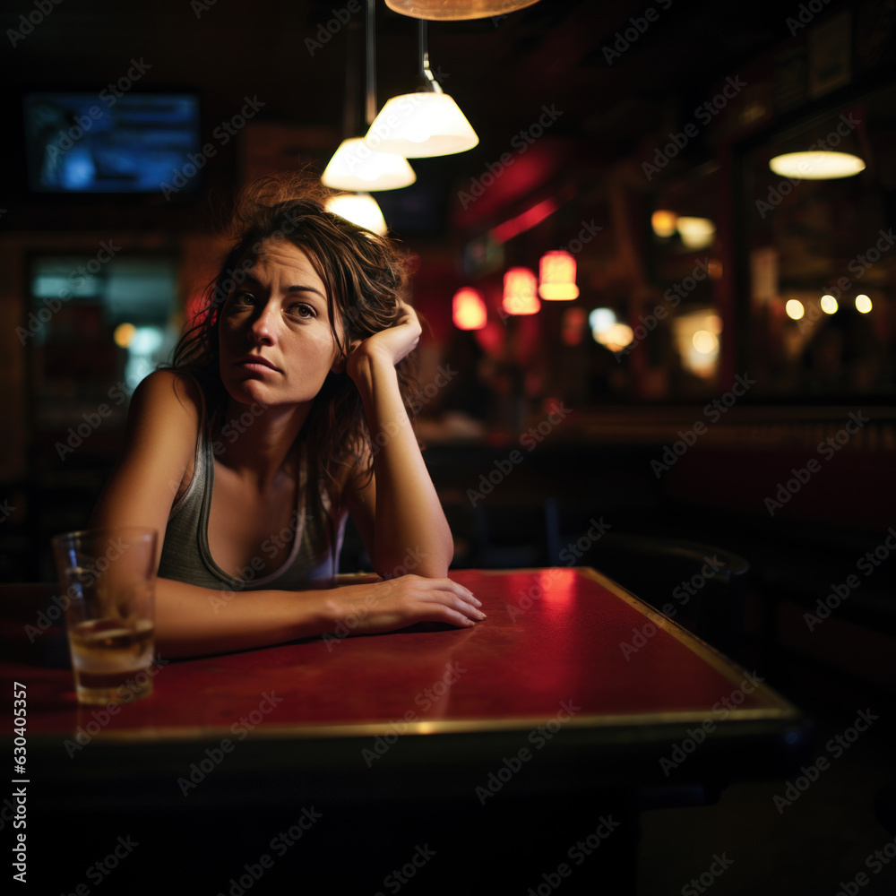 femme pensive et un peu triste assise à la table d'un bar avec un verre ...